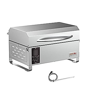 Onlyfire GS680 Portable Wood Pellet Grill and Smoker, 8 in 1 Tabletop Stainless Steel BBQ Grill Stove for RV Camping Tailgating Cooking with Auto Temperature Control, LED Screen, Meat Probe & 2 Tiers Cooking Area, Silver