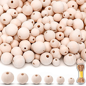 MaZeeb 500 Wooden Beads For Crafts with Jute Twine - 6 Sizes 8mm to 20mm, Assorted Small to Large Wooden Beads Bulk - Contains Large Wood Beads For Crafts, Garland, DIY - Unfinished Wooden Craft Beads