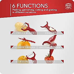 Börner Vegetable Peeler (6-in-1) • Garnishing Peeler with Grater • Multifunctional Peeler for Fruits & Vegetables • Fruit Peeler, Universal Peeler, Potato Peeler • Color: Red