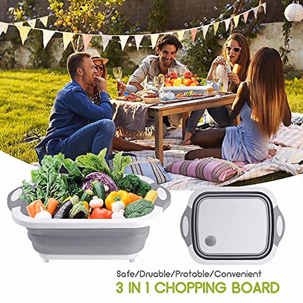 Collapsible Cutting Board, HI NINGER Chopping Board with Towel Kitchen Foldable Camping Dishes Sink Space Saving 3 in 1 Multifunction Storage Basket for BBQ Prep/Picnic/Camping (Grey)