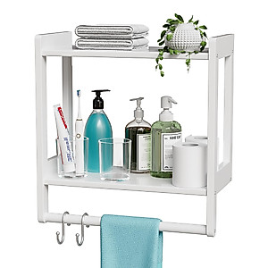 ADREMAN Bathroom Shelf Wall, Over The Toilet Storage Shelves Bamboo Bathroom Shelf Organizer Floating Wall Mounted with Hook and Hanging Rod for Bathroom,Kitchen,Toilet,Living Room (White)