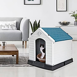 Large Plastic Dog House Indoor Outdoor Doghouse Dog Kennel Easy to Assemble Puppy Shelter w/Air Vents Elevated Floor Waterproof