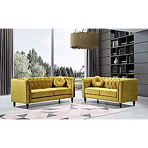 Container Furniture Direct Kittleson Velvet Chesterfield Loveseat for Living Room, Apartment or Office, Mid Century Modern Diamond Tufted Couch with Nailhead Accent, 64.17", Dark Yellow