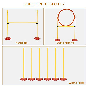 PawHut 3PCs Dog Agility Training Equipment, Outdoor Obstacle Course Starter Kit with Hoop, Hurdle, Weave Poles and Carrying Bag