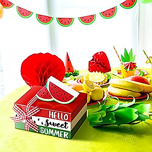 6 Pcs Watermelon Tiered Tray Decor Rustic Watermelon Summer Decor Farmhouse Watermelon Decor Summer Tiered Tray Decor Includes Wooden Bead Garland with Tassels Hello Sweet Summer Watermelon Book Stack