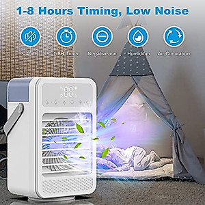Personal Air Cooler, 90° Oscillated Evaporative Portable Air Conditioners, 5 Wind Speeds Quiet Mini Air Conditioner with Gradient Color Light/Humidifier/1-8H Timing for Desktop Home Office 600ML