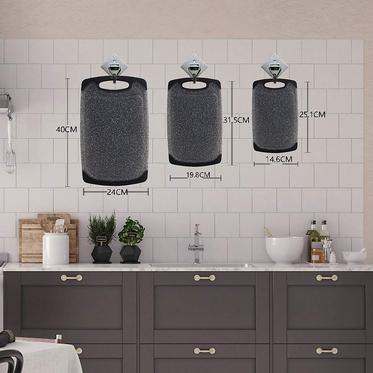 Plastic Cutting Boards for Kitchen, Haomacro Cutting Boards Chopping Board with Juice Grooves, Easy Grip Handle, Non-Slip BPA Free 3 Pieces Cutter Board for Meat,Vegetable,Bread, Dishwasher Safe Black