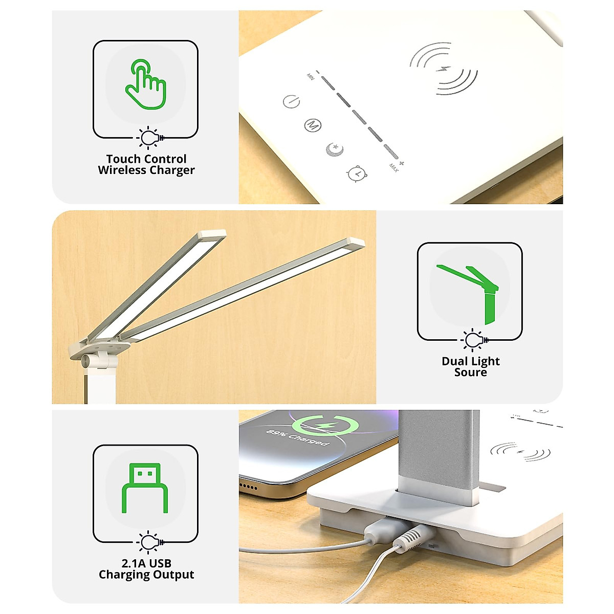 HSicily LED Desk Lamp with Wireless Charger, Double Head Desk Lamps for Home Office, Bright Desk Lamp with USB Charging Port for College Dorm Room, 5 Light Modes Desk Light with Timer, Night Light