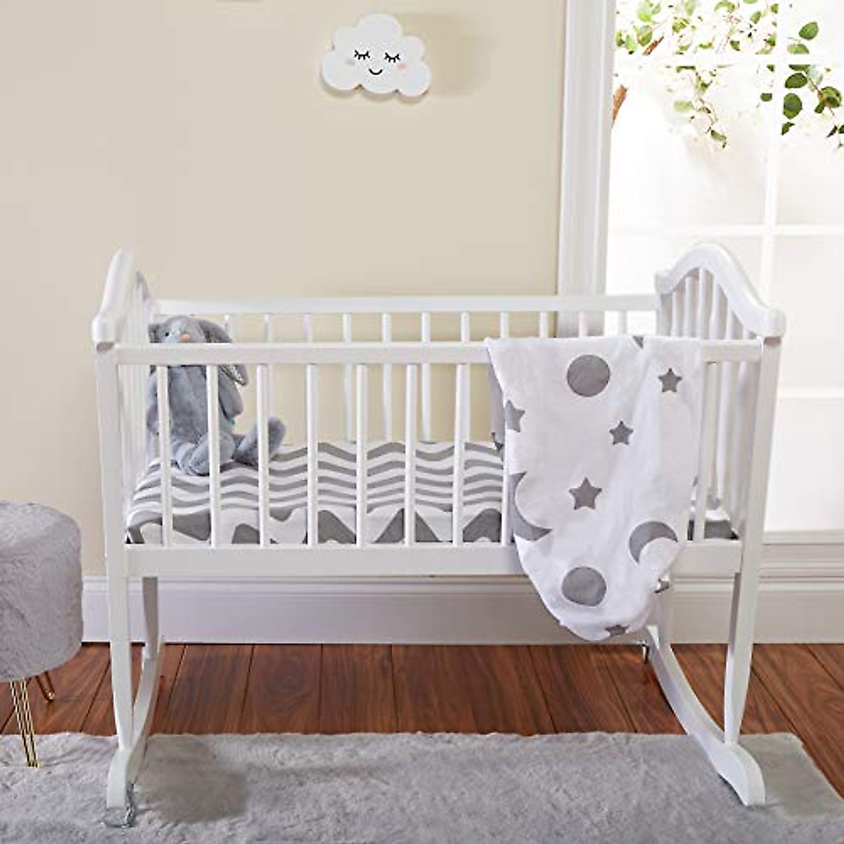 2 Pack Cradle Sheet Set, 100% Cotton Jersey Knit, Breathable Baby Sheet, Fits Cradle Pad/Mattress - Ultra Soft - Gray/White Chevron & Moon Stars Patterns