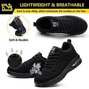 SOGETCH Steel Toe Shoes for Men Women Lightweight Comfortable Work Shoes Indestructible Slip Resistant Safety Shoes for Construction Black 11.5 US Women/10 US Men CN 43