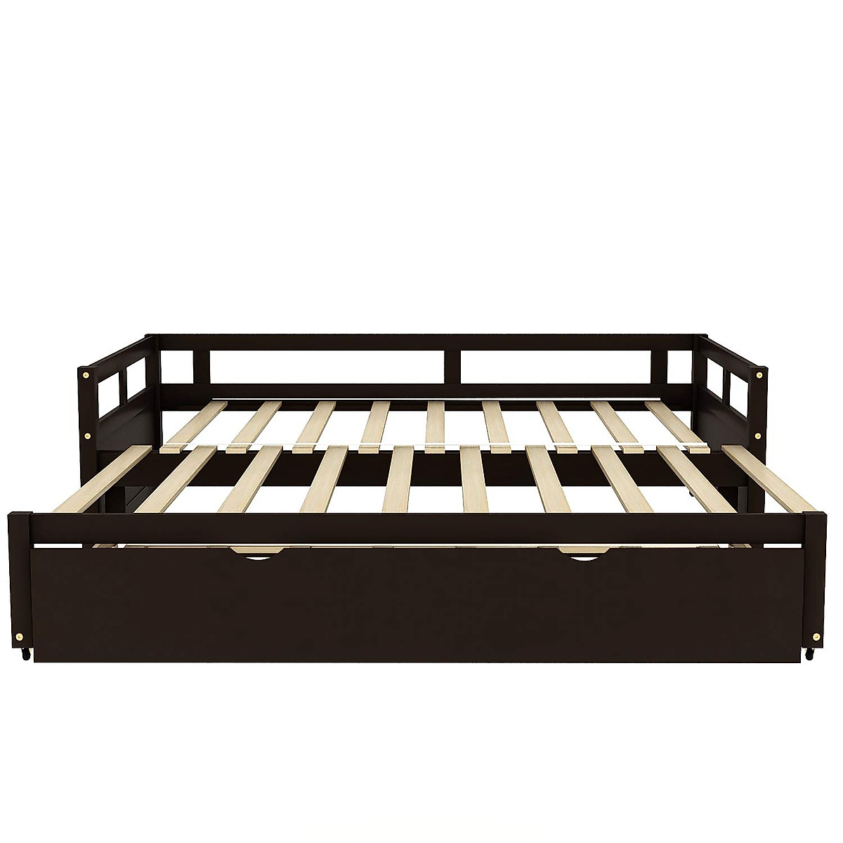 Wood Daybed with Roll Out Trundle Bed for Kids Teens Adult Extending Sofa Bed Frame with Wooden Slats Support for Small Space, Convertible Twin To King Size Design, No Box Spring Needed (Espresso)
