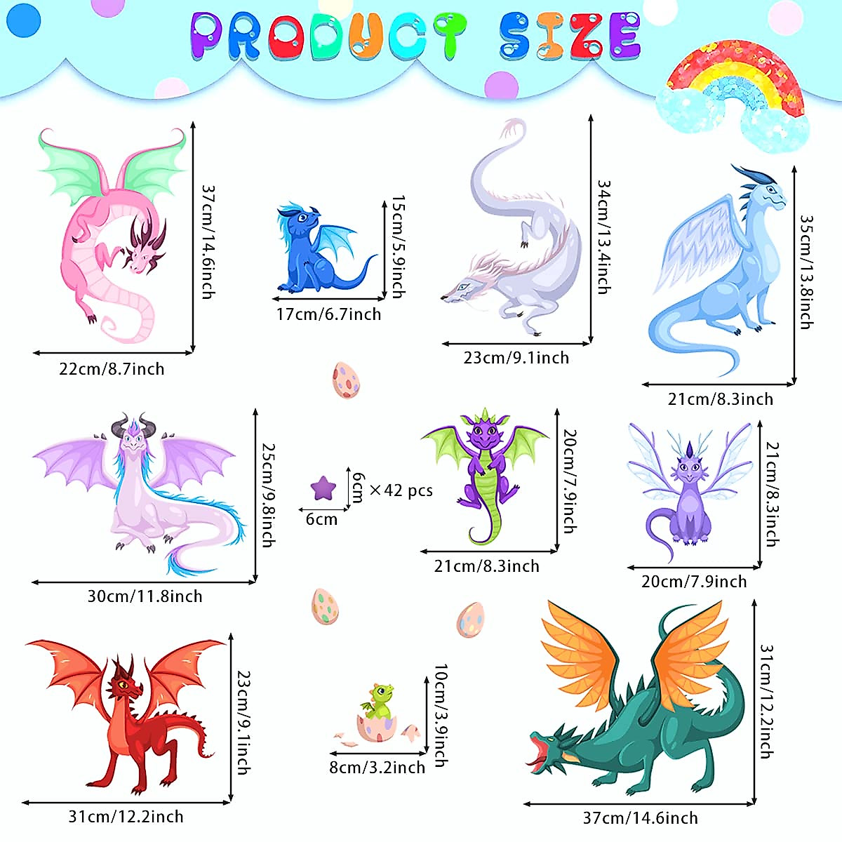 MEFOSS Creative Fairy Dragon Wall Decals Cartoon Large Wings Dragons Eggs Stars Wall Stickers Easy to Peel and Stick Wall Stickers Art Paper for Playroom Nursery Classroom Kids Bedroom Wall Decor