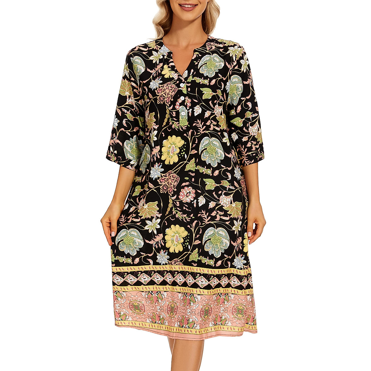 AVIIER House Dress Womens 3/4 Sleeve Floral Print Nightdress with Pockets (Black Flower, Large)