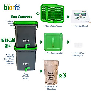 Biorfe 2 Bucket Bokashi Compost Starter Kit, All Season Indoor Beginners Composter, Countertop Kitchen Bokashi Bin, Composting Container with 6.6 lb Compost Bran, Food Recycler for Living Indoor