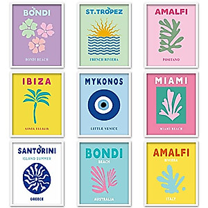 Whaline 9Pcs Preppy Travel Wall Art Prints Abstract Aesthetic Preppy Room Decor Colorful Minimalist Unframed Art Poster Decor for Living Room Teen Girls Bedroom College Dorm Decor, 8 x 10 Inch
