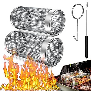 SBMKK Rolling Grill Baskets for Outdoor Grill, Round BBQ Grilling Baskets for Veggies, BBQ Net Tube Barbeque Vegetable Grill Accessories, Cage Cylinder for Fish, 2 PACK (two large)