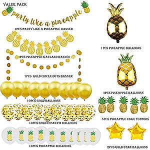 Gold Glitter Pineapple Party Decorations Summer Pineapple Garland Banner Pineapple Garland Latex Balloons Pineapple Foil Balloons Cupcake Toppers for Bachelorette,Birthday Luau Summer Party Decoration