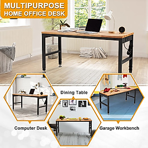 AHB 60" Workbench Adjustable Height, Oak Wood Work Table with Power Outlets, Max 2000 LBS, Heavy Duty Workstation for Garage Party Shop Office Home(Black 60"x 22")