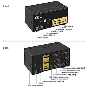 CKLau Dual Port Triple Monitor KVM Switch Displayport with Audio Output, USB 2.0 Hub and Cables Support Extended Display Resolution Up to 4096x2160@60Hz 4:4:4