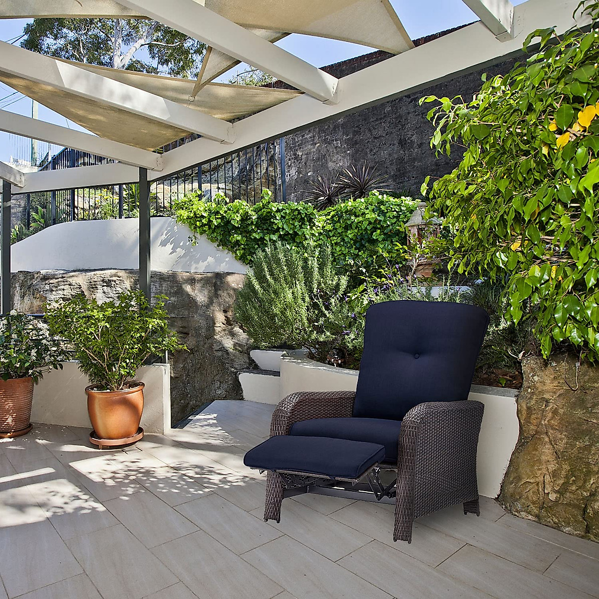 Cambridge Recliner Corrolla Outdoor Luxury Patio Rust Resistant Powder Coated Steel Frames, Handwoven Brown Resin Wicker, and Thick Plush Foam Cushions in Navy