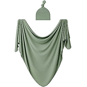 Bayceen Large Rayon Jersey Knitted Swaddle Blanket for Baby, Soft Stretchy Receiving Blanket for Newborns with Hat, Large 47 x 47 inches (Sage)