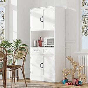 HOSTACK 71“ Tall Kitchen Pantry Storage Cabinet, Modern Kitchen Hutch Bar Cabinet with Microwave Stand, Wood Buffet Sideboard with Hutch, Cupboard with Drawers, Shelves for Dining Room, White