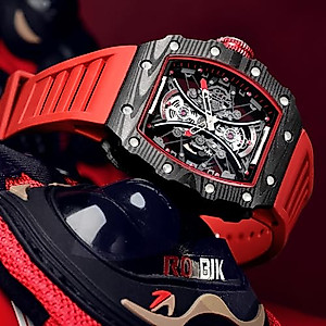 FEICE Watches for Men Automatic Skeleton Watch Waterproof Sapphire Crystal Japanese Movement Mens Wristwatch with Carbon Fiber Strap Anti Shock Business Watch FM602 B_Red