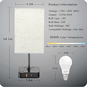 COZOO USB Bedside Dimmable Table Desk Lamp with 2 USB Charging Ports 2 Outlets Power Strip,Black Charger Base Flaxen Fabric Shade, LED Light for Bedroom/Nightstand/Living Room/Dorm/Home Office/College