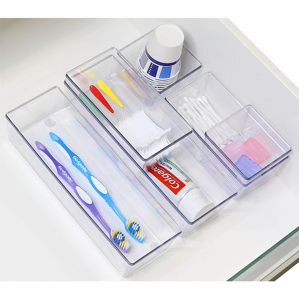 SimpleHouseware Heavy Duty 3-Tier Metal Utility Rolling Cart + 6 Pack - Plastic Desk Drawer Organizers