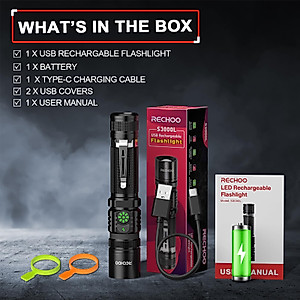 RECHOO Flashlight USB Rechargeable Double Switch S3000L LED Tactical Flashlight High Lumens Super Bright 5 Modes Zoomable Waterproof Flashlight for Camping, Emergency (Battery Included)