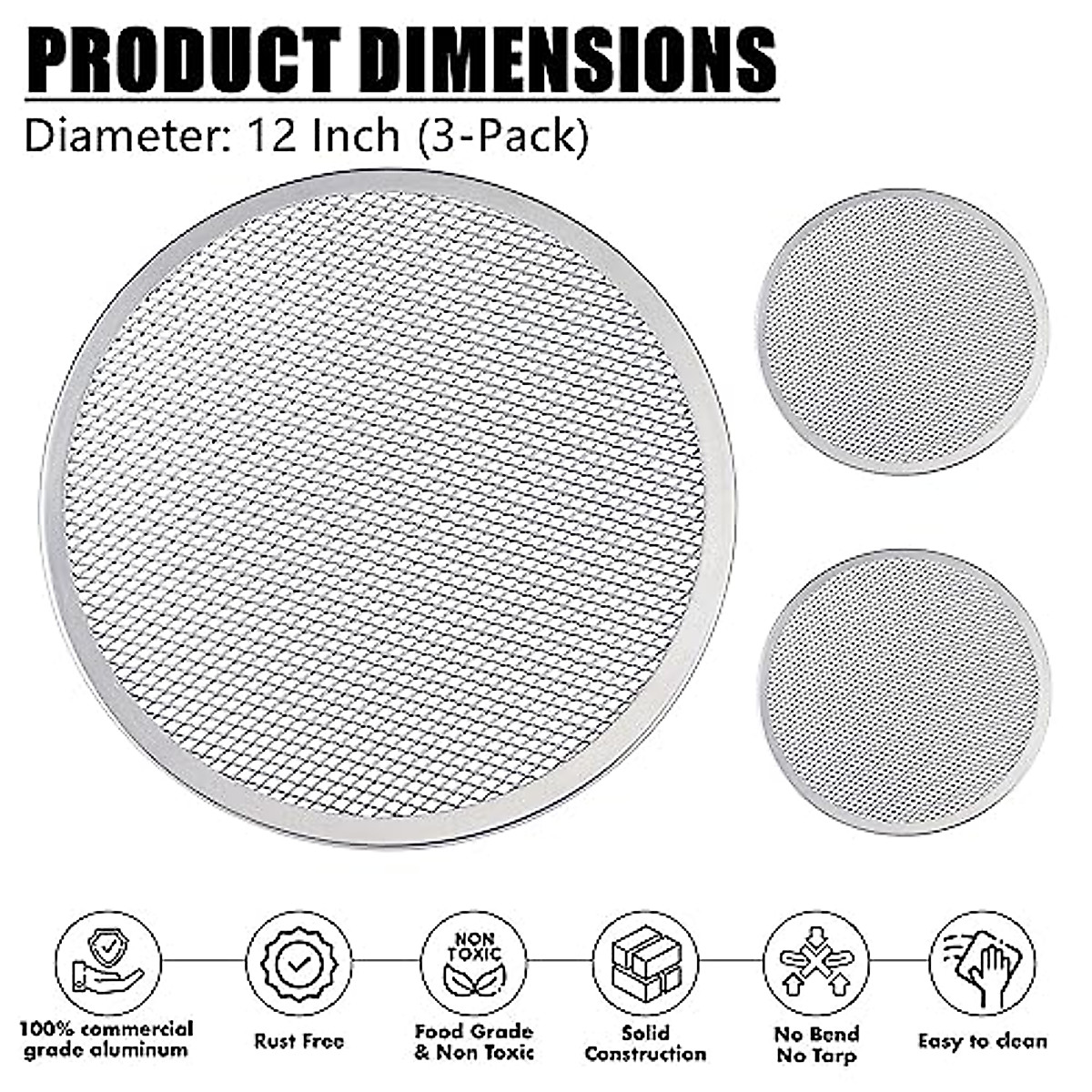 RHBLME 3 Pack Aluminum Alloy Pizza Baking Screen, 12 Inch Pizza Screen Restaurant-Grade Baking Screen for Oven, Round Pizza Crisper Tray Pizza Baking Tray for Home Kitchen, BBQ, Seamless