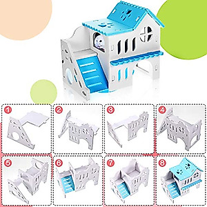 5 Pieces Hamster Toys Include Wooden Hamster House Guinea Pig Hideout Rainbow Bridge Hamster Seesaw Hamster Swing Hamster Exercise Circle Toy Suitable for Small Animals (Blue,6.3 x 3.93 x 5.5 Inch)