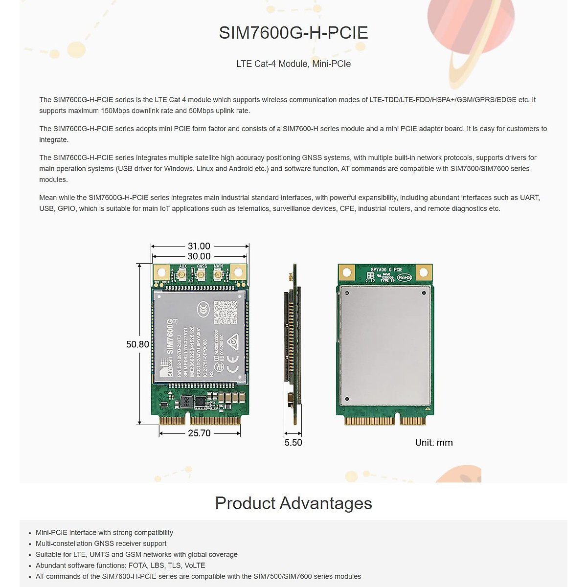 Waveshare SIM7600G-H-PCIE SIMCom Original 4G LTE Cat-4 Module Global Coverage with GNSS Support Mini-PCIe Connector LTE-TDD LTE-FDD HSPA+ GSM GPRS Edge