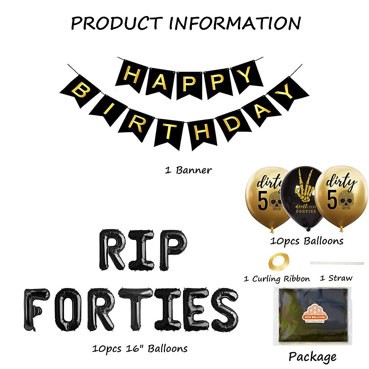 Geloar RIP FORTIES 50th Birthday Party Supplies, RIP FORTIES Balloons Happy Birthday Banner for Death to My Forties 40s RIP Youth Men Dirty 50 Funny 50th Bday Decorations (Gold, RIP FORTIES)
