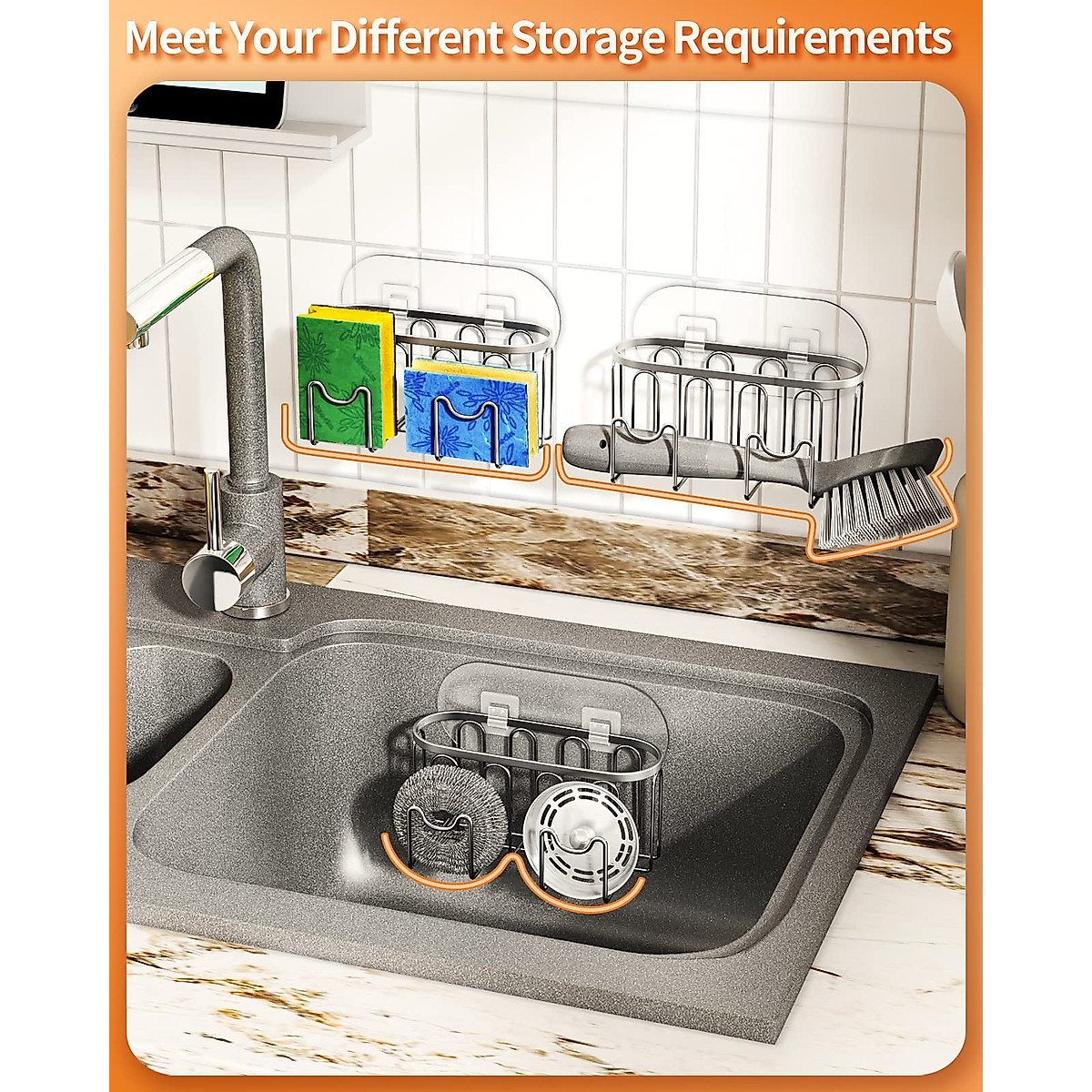 SWTYMIKI Sink Sponge Holder With Double Hook, Stainless Steel Sink Caddy Kitchen Sink Organizer Multifunctional Rustproof Kitchen Sponge Holder for Kitchen Sink Accessories, Silver