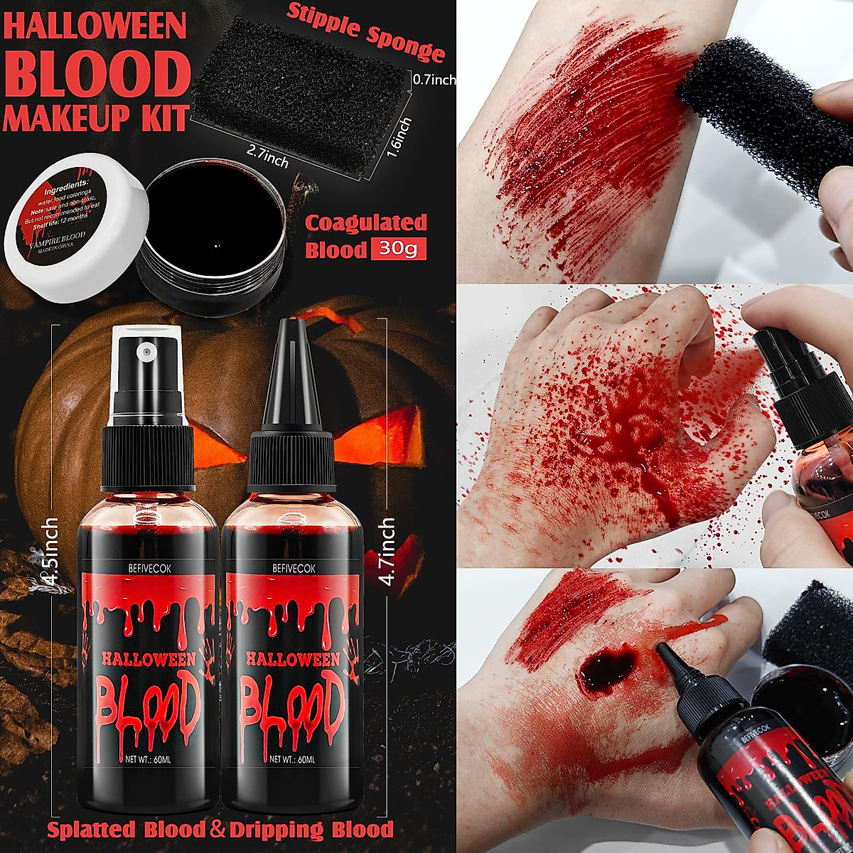 4PCS Halloween Fake Blood Makeup Kit, [Coagulated Blood + Fake Blood Spray 60ML + Dripping Blood 60ML + Black Stipple Sponge], Fake Blood Washable for Clothes Face SFX Wound, Vampire