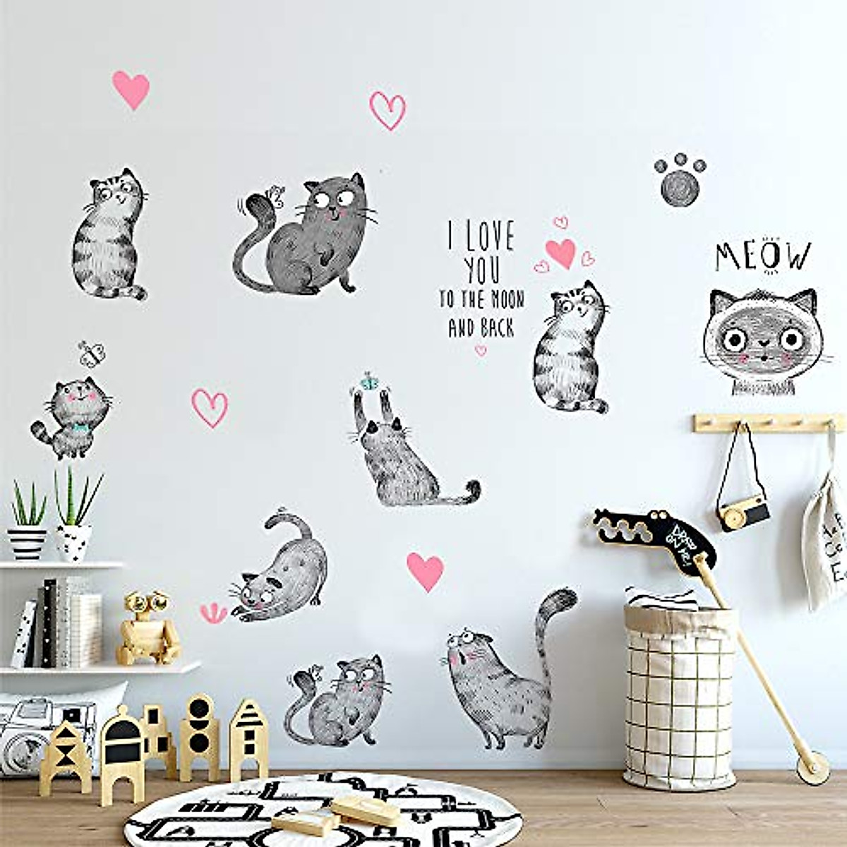 Cartoon Cats Wall Decals - MAIYU 9 Cute Kittens with Butterfly Heart Paw Print Wall Stickers for Kids Bedroom Living Room Nursery Home Decorations