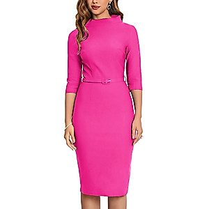 MUXXN Women's Retro 1950 Style Midi 3/4 Sleeve Pencil Knee Length Vintage Cocktail Bodycon Sheath Formal Dress Hot Pink L
