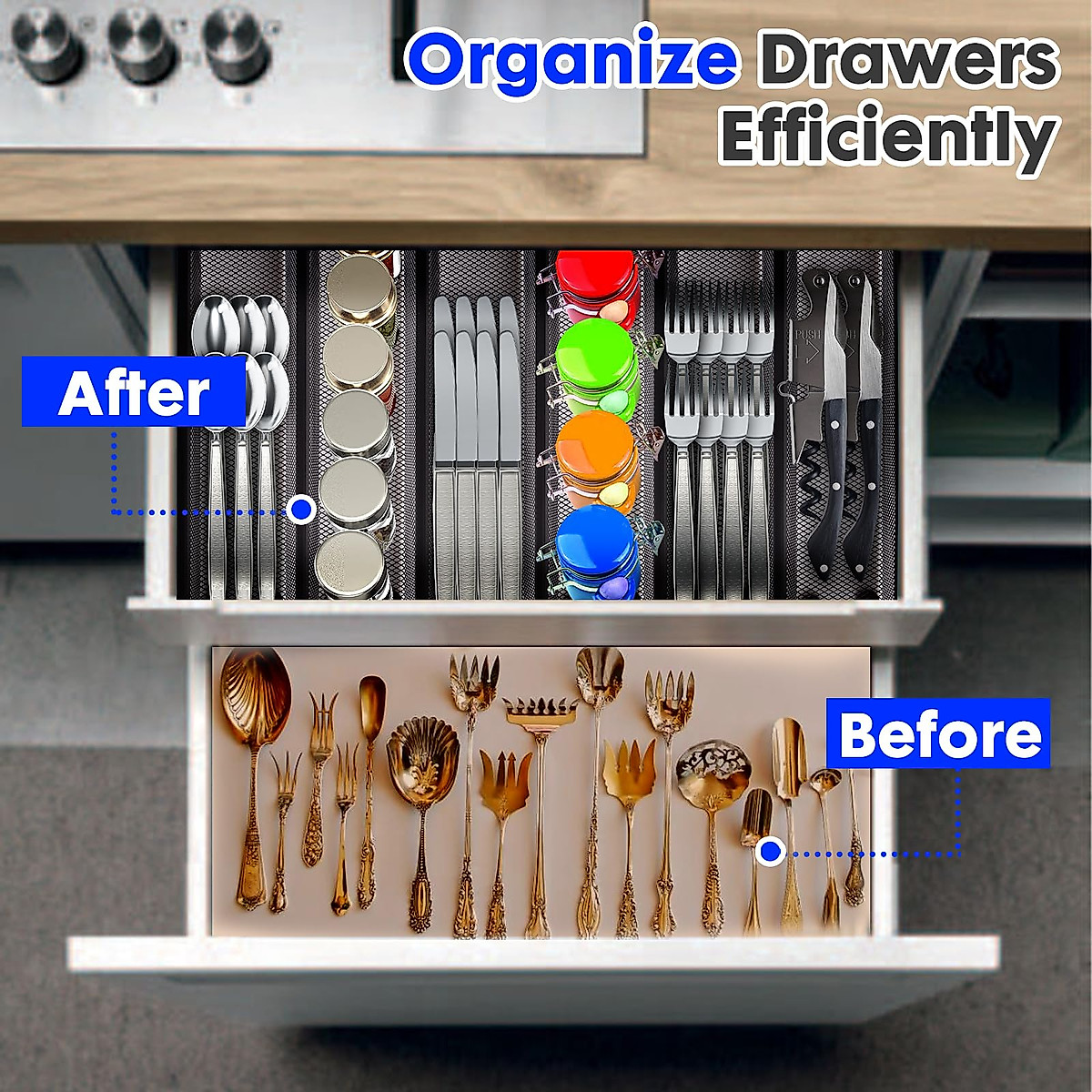Barelove Silverware Drawer Organizer for Kitchen Drawers, 6 Pcs Mesh Utensil Holder Cutlery Storage Tray with Interlocking Arm for Flatware Knives Forks Spoon Home Office Desktop, 12x3x2 Inch, Black