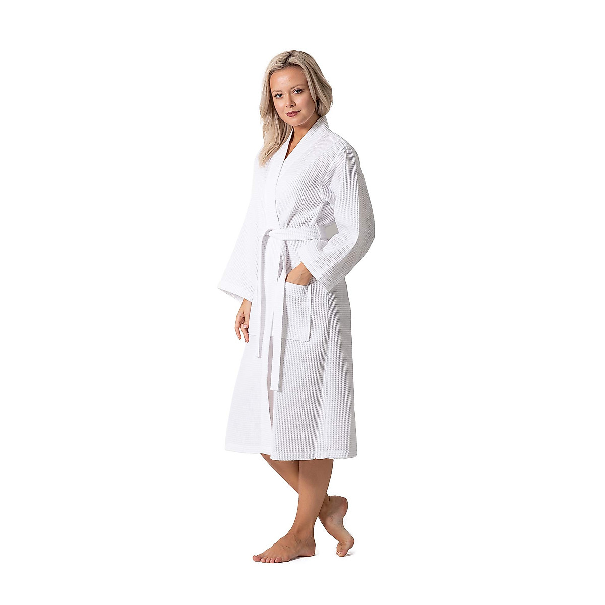 Turkish Linen Waffle Knit Lightweight Kimono Spa & Bath Robes for Women - Quick Dry - Soft (White, Medium)