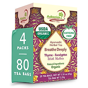 Adanim Bio Eucalyptus Thyme & Mullein Leaf Tea Bags - Organic Gourmet De-Congest Lung Health Respiratory Support Herbal Teas Blend (Pack of 4) Best Breathe Deep