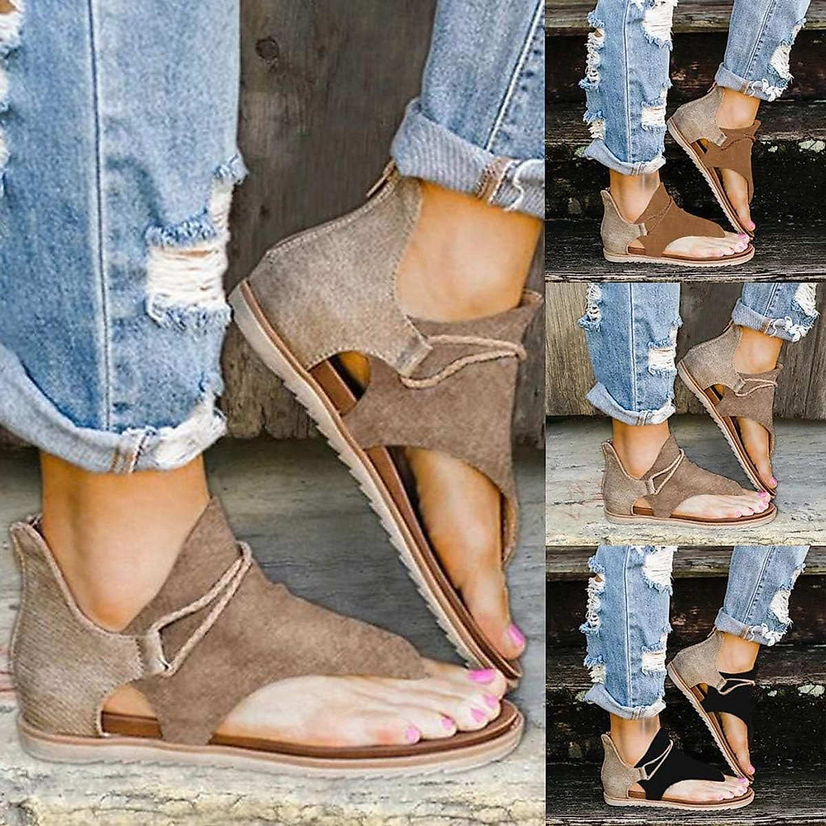 FABIURT Sandals for Women Roman Sandals Slip-On Ankle Strap Flip Flop Open Toe Casual Summer Beach Gladiator Flat Sandal