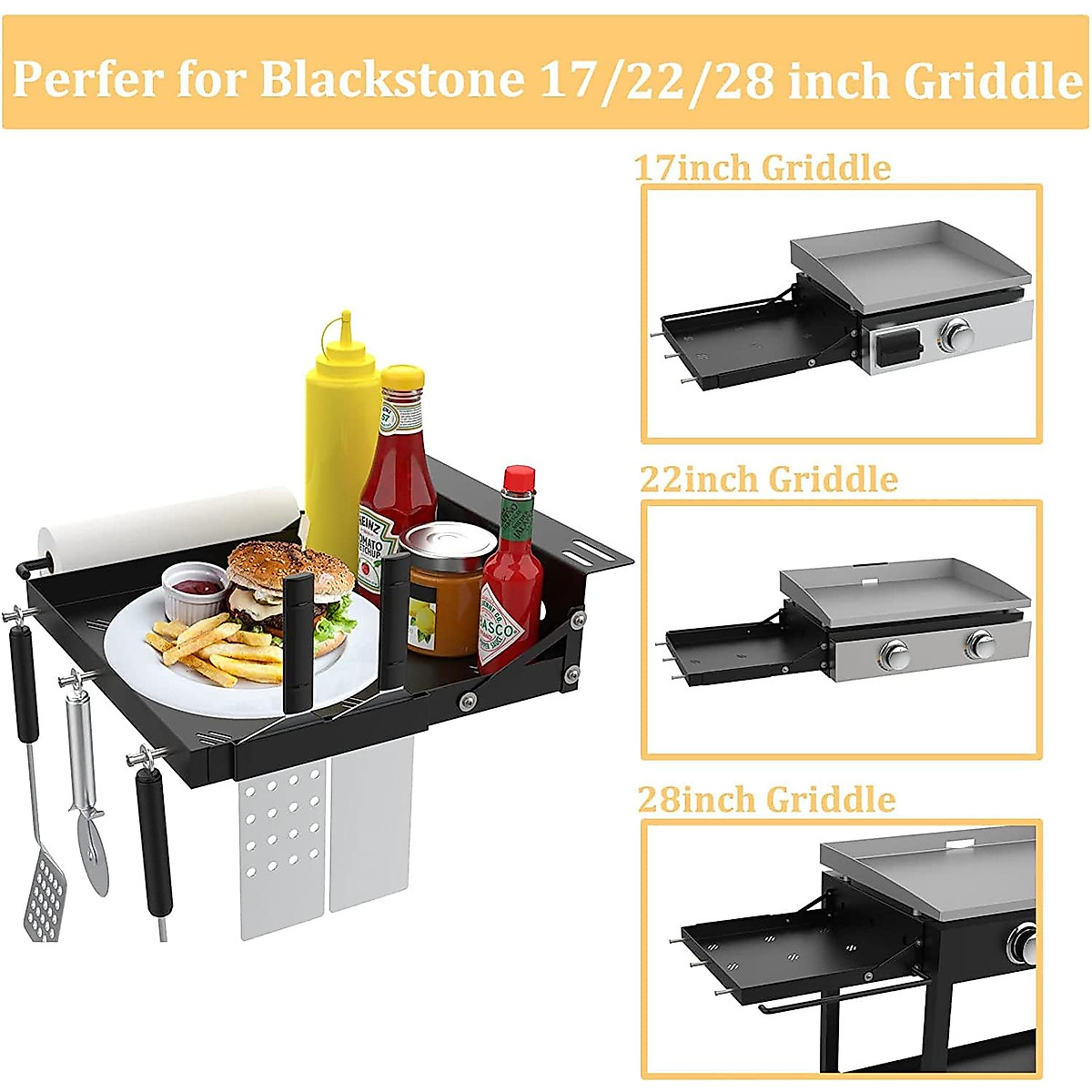 New Upgraded Griddle Caddy Shelf for Blackstone 17"/ 22"/ 28" Griddle, Addition Side Rack Storage Tray with Paper Towel Holder, Spatula Holder and 3 Hooks Organizer for Blackstone Grill Accessories