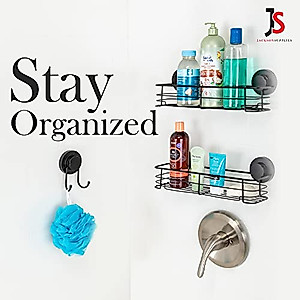 JS Jackson Supplies Set of Matte Black Suction Cup Rectangular Shower Shelves, (2) Caddies and (2) Suction Cup Shower Hooks