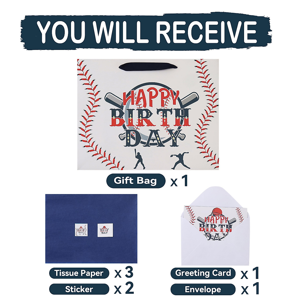 13” Large Baseball Happy Birthday Gift Bag Set with Handles, Greeting Card, Tissue Papers and Stickers for Boys Kids Teens, Sport Themed Birthday Design, 1 Pcs