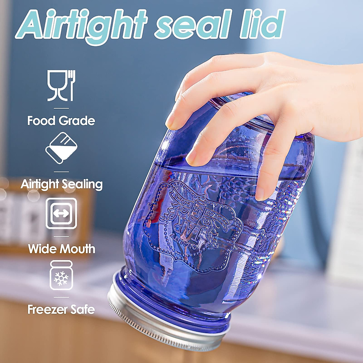 Claplante 6 Pack Mason Jars, 32 oz Regular-Mouth Glass Storage Jar with Metal Airtight Lids, Modern Design Food Storage Container, Kitchen Canisters, Food Storage Canister for Canning (BLUE)