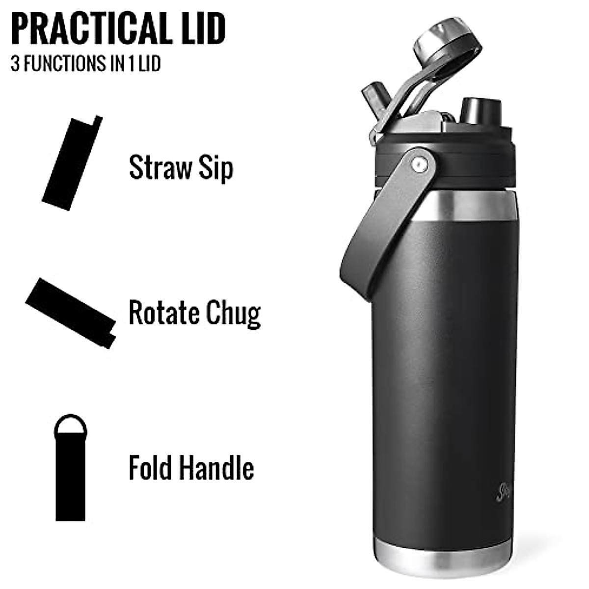 SkyWell 24oz Stainless Steel Water Bottle with 3 in 1 Lid, BPA-Free Leak-Proof Wide Mouth Vacuum-Insulated Water Flask with Straw and Handle Sweat-Proof for Outdoor and Travel, Black