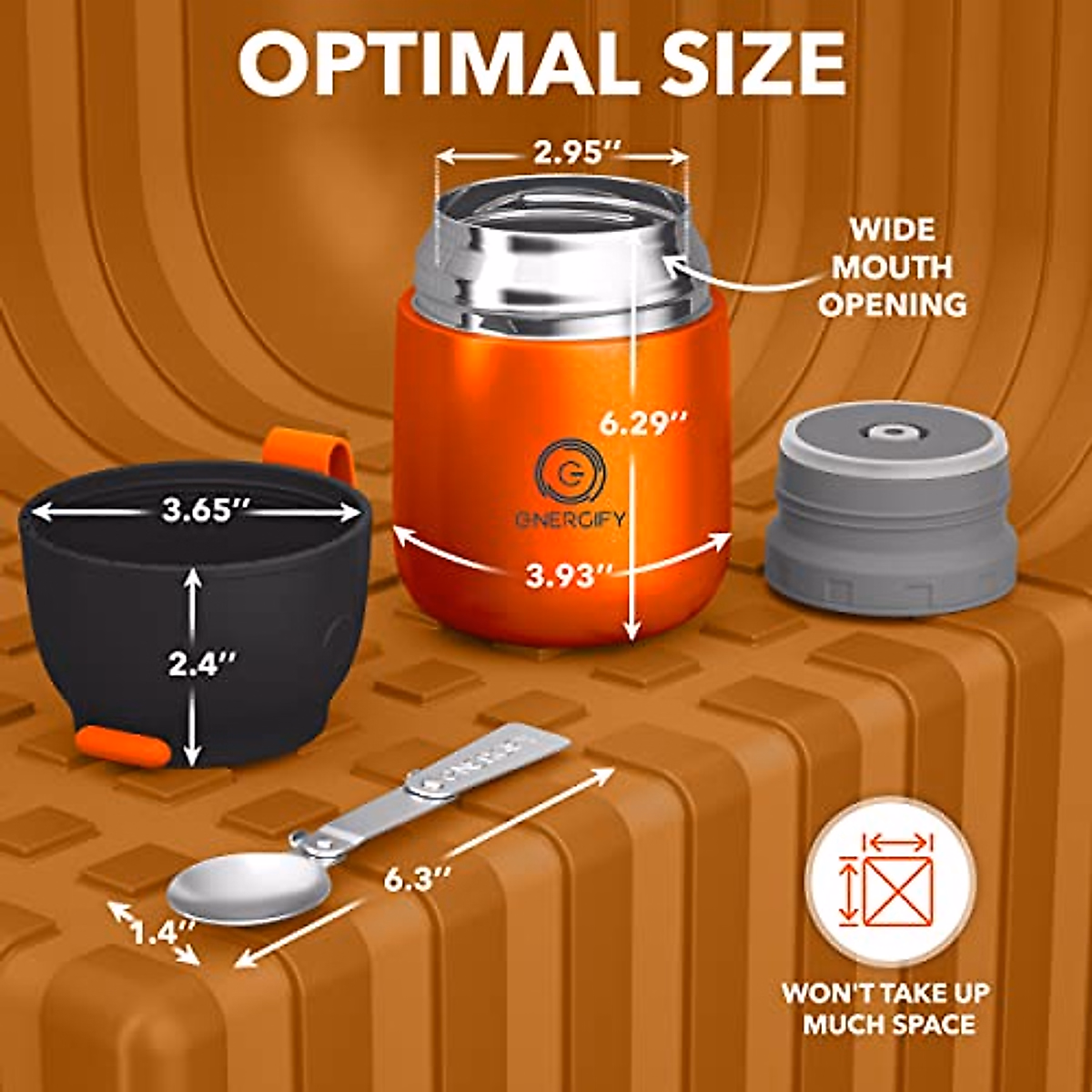 ENERGIFY Vacuum Insulated Food Jar Made of Premium BPA-Free Stainless Steel. 17oz Thermos Includes Folding Spoon and Cup. Hot & Cold Lunch, Drinks Container For Kids and Adults. Leak Proof, Orange.