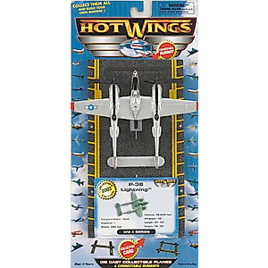 Hot Wings Planes P-38 Lightning with Connectible Runway Die Cast Plane,Grey