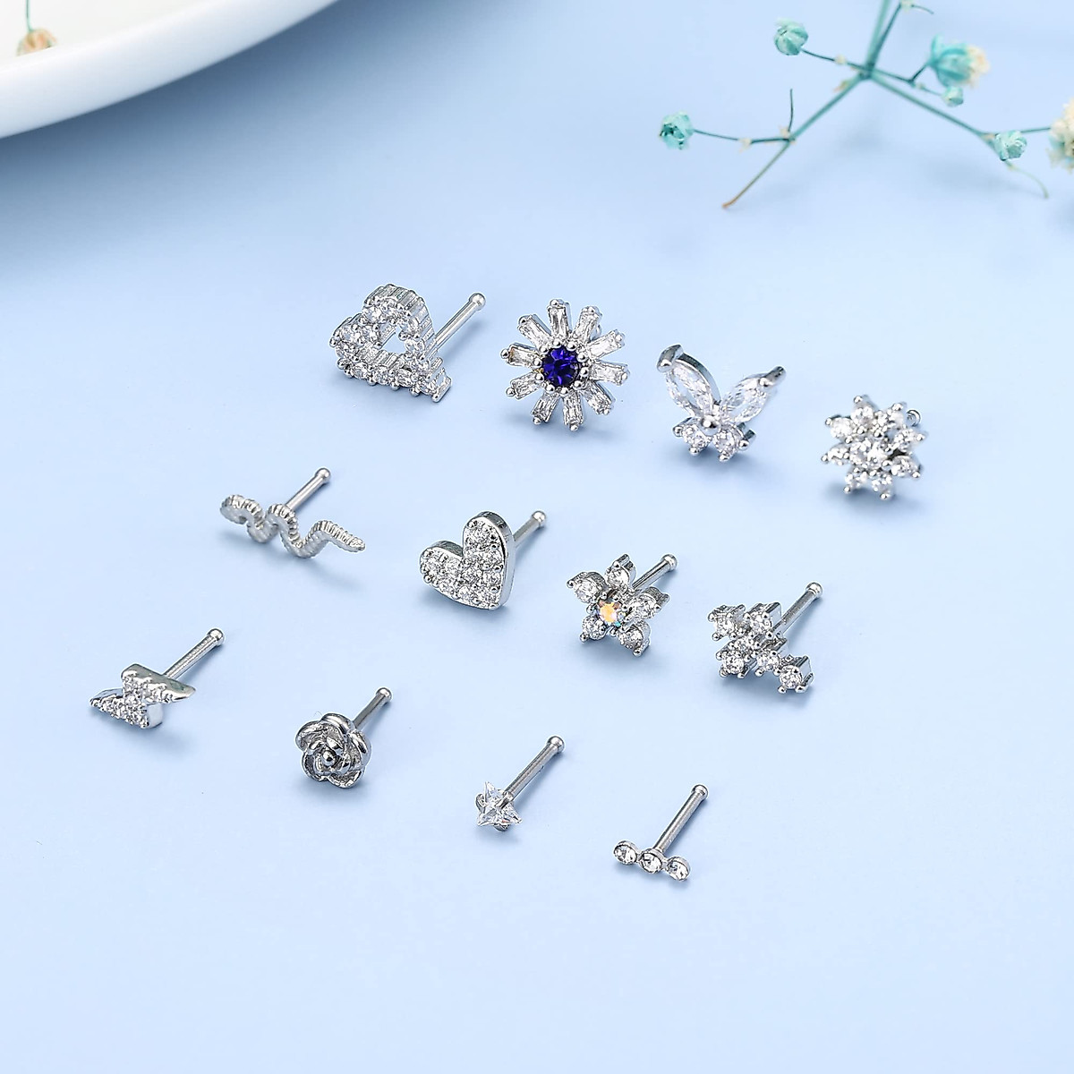 YADOCA 12 Pcs 20G Nose Studs Surgical Steel Nose Rings Studs for Women Men CZ Heart Butterfly Flower Snake Nose Piercing Jewelry